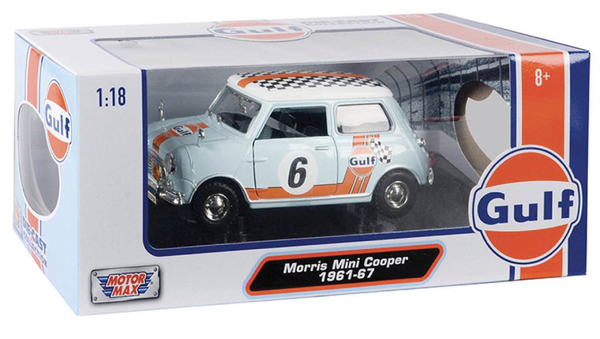 Motormax 79743 1:18 Morris Mini Cooper 1961-67, with Gulf Livery (B1-up ...
